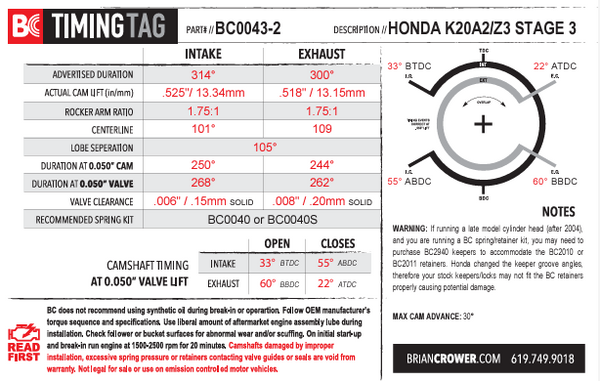Brian Crower Honda K20A/K20Z Stage 3 Camshafts - Normally Aspirated Sp ...